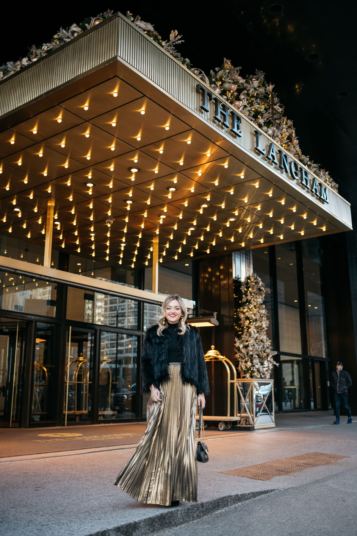 Winter Party Outfit: Black Fur Coat + Gold Skirt — bows & sequins